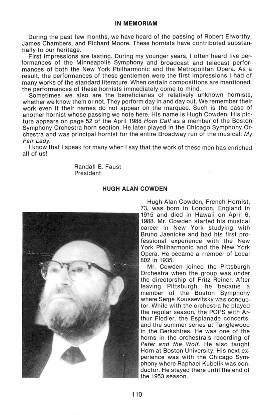 Hugh Cowden Memoriam from the International Horn Society Horn Call ...