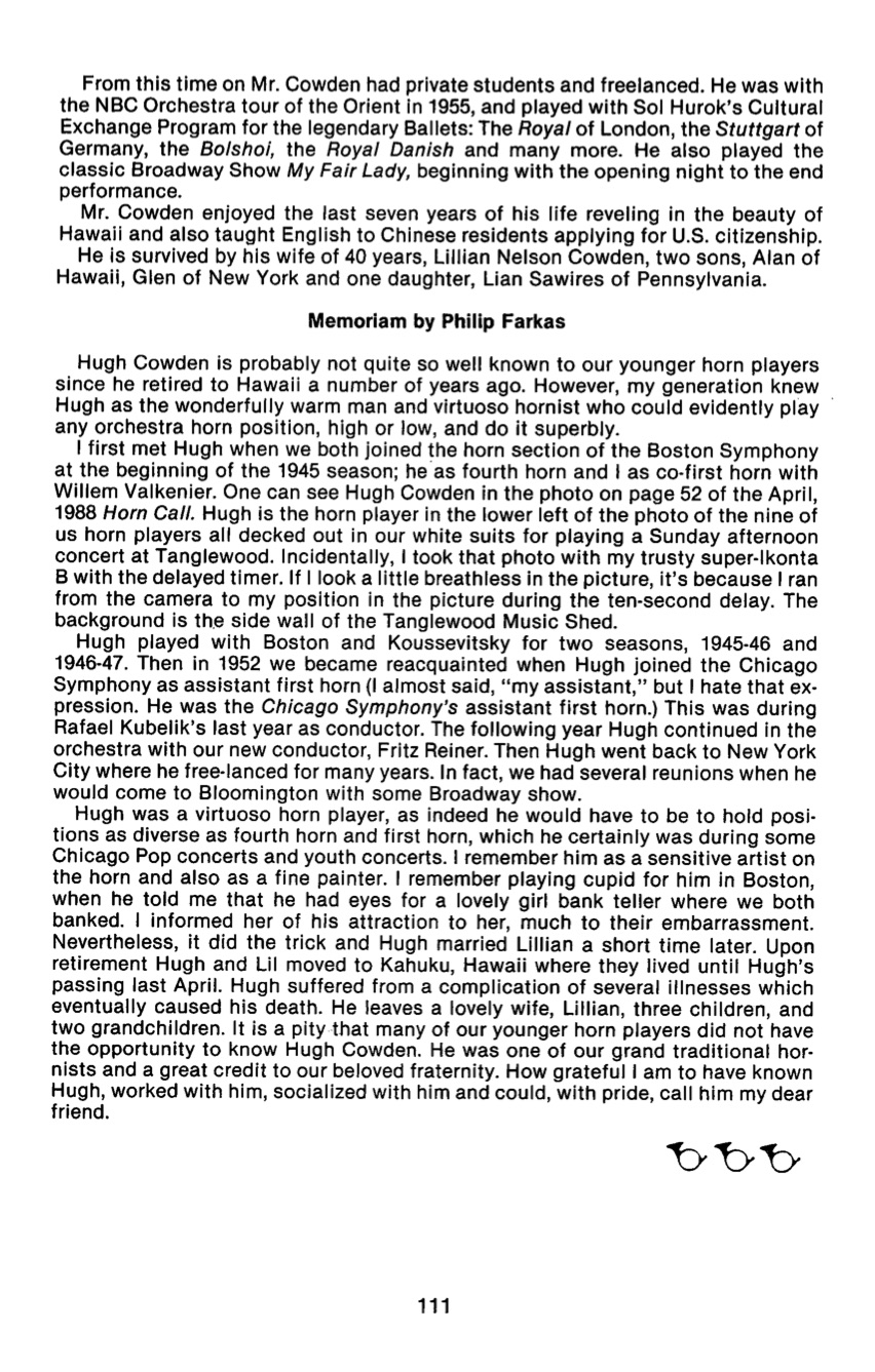 Hugh Cowden Memoriam from the International Horn Society Horn Call ...